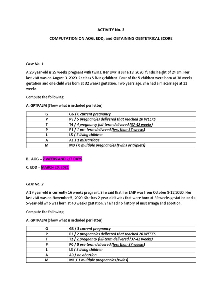 Computation of AOG, EDD and OBTAINING OBSTETRICAL SCORE | PDF