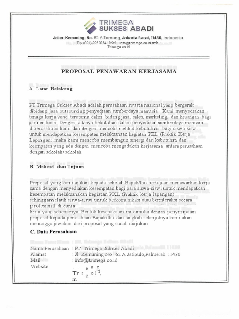 Contoh Surat Proposal Penawaran PKL | PDF
