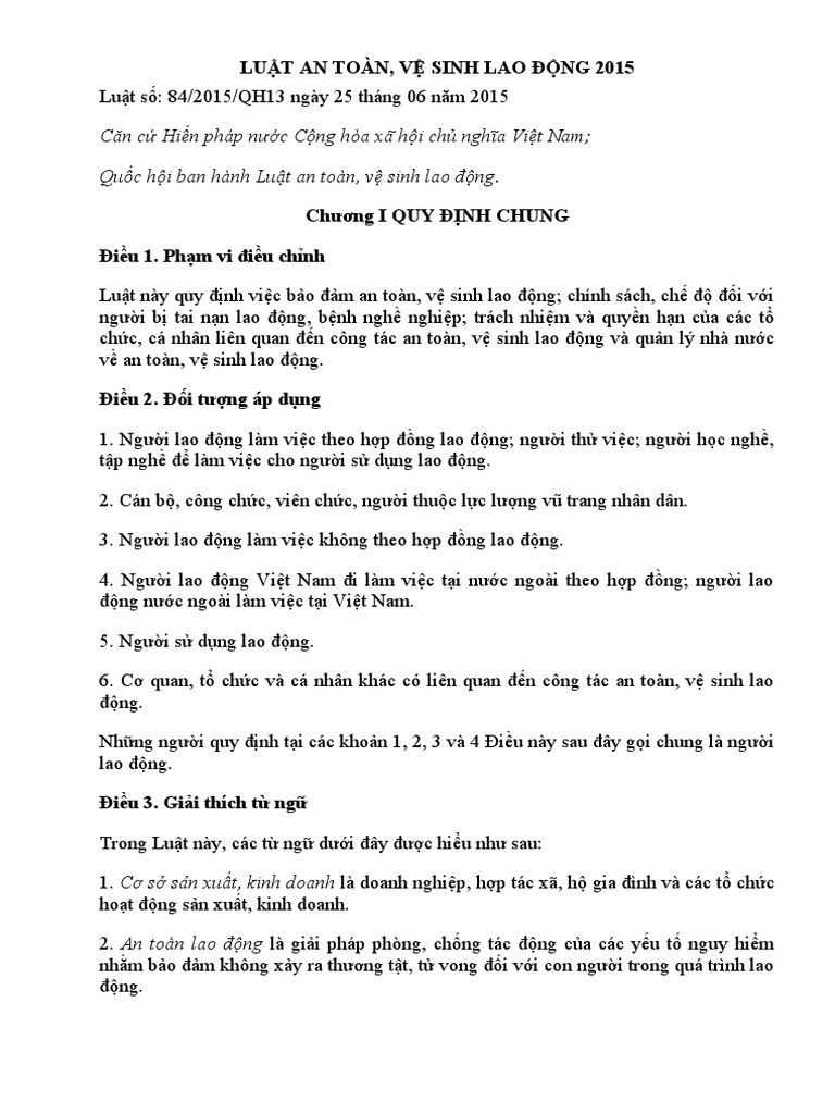 Luat An Toan, Ve Sinh Lao Dong 2015 | PDF