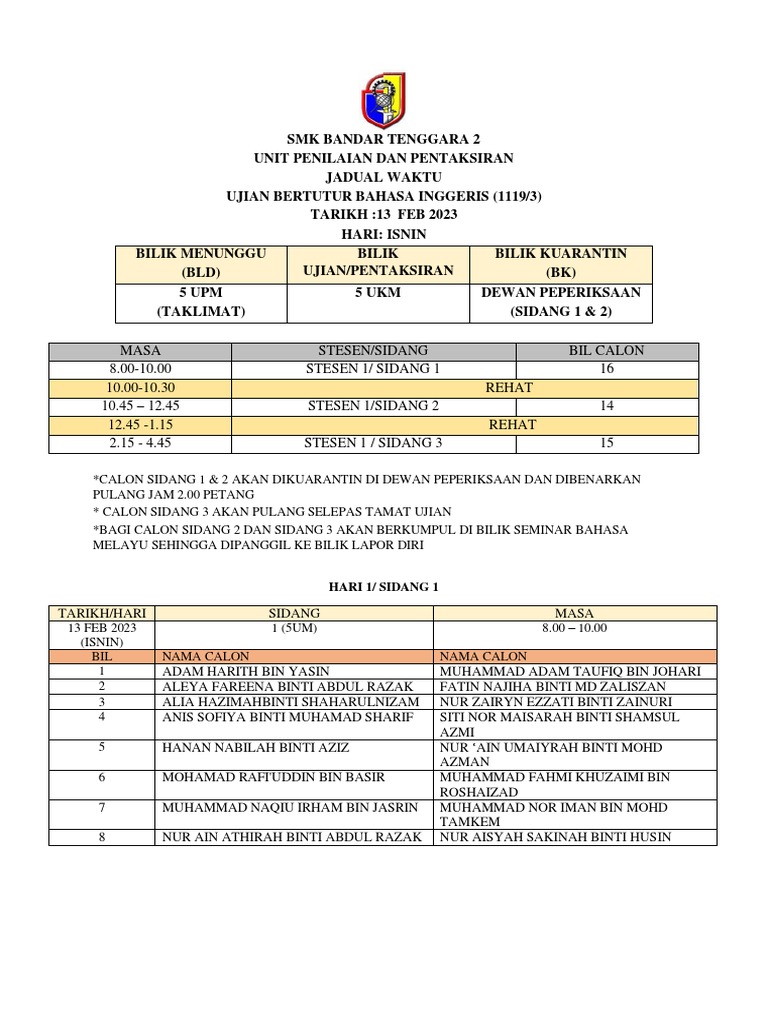Jadwal Ujian Bertutur SMK BT2 | PDF