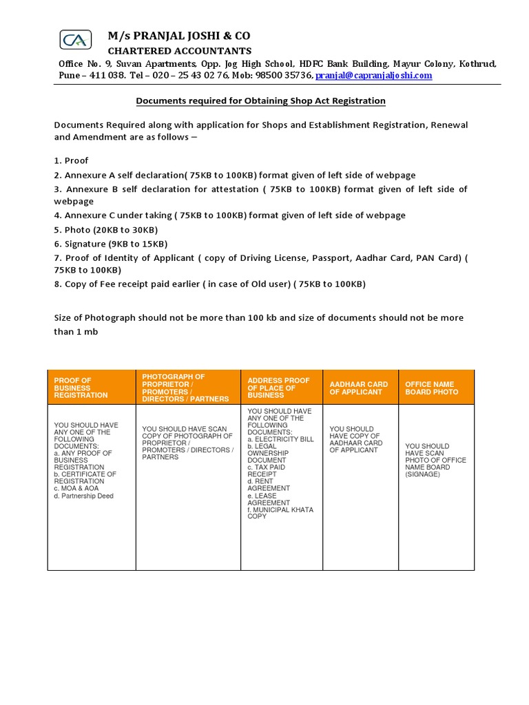 Documents Required For Obtaining Shop Act Registration | PDF ...