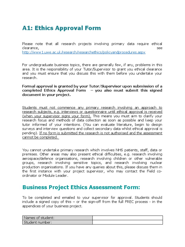 Guidance on Obtaining Ethics Approval for Undergraduate Business ...
