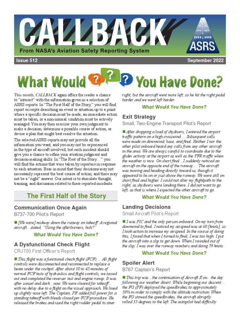 Asrs Callback Issue 512 September 2022 Pdf Takeoff Rudder 