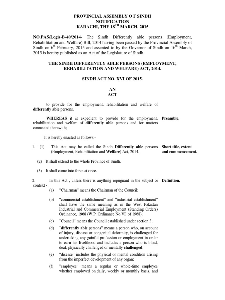 Sindh Differently Able Persons Act 2014 | PDF | Fine (Penalty) | Employment