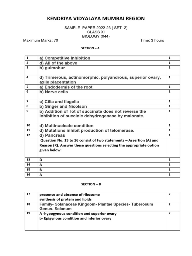 Class XI Biology Sample Paper 2022-23 | PDF | Meiosis | Plant Stem