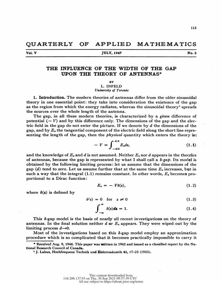 INFELD, THE INFLUENCE OF THE WIDTH OF THE GAP UPON THE THEORY OF ANTENNAS, Quart. Applied Math ...