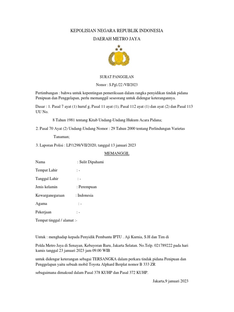 Surat Panggilan Polisi | PDF Surat Panggilan Polisi | PDF