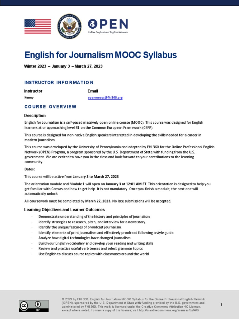 Winter 2023 English For Journalism Syllabus | PDF | Journalism | News
