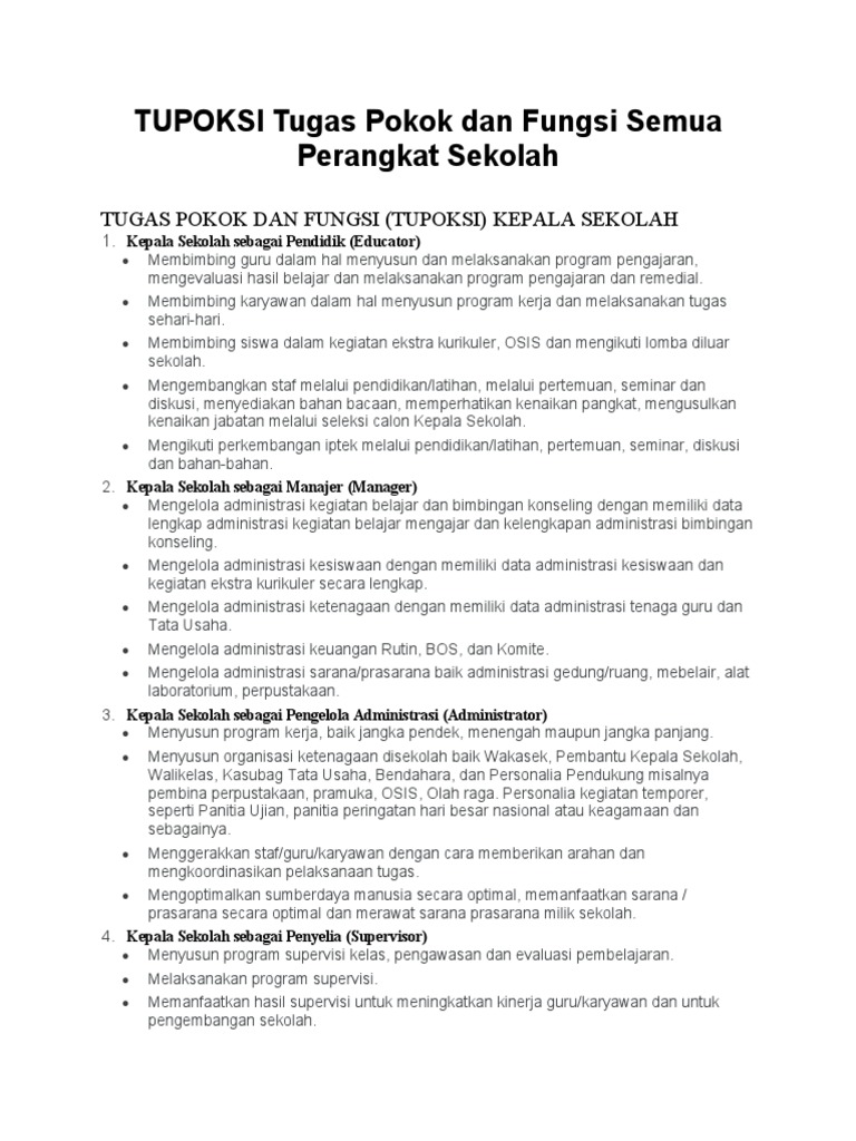 TUPOKSI Tugas Pokok Dan Fungsi Semua Perangkat Sekolah | PDF TUPOKSI Tugas Pokok Dan Fungsi Semua Perangkat Sekolah | PDF