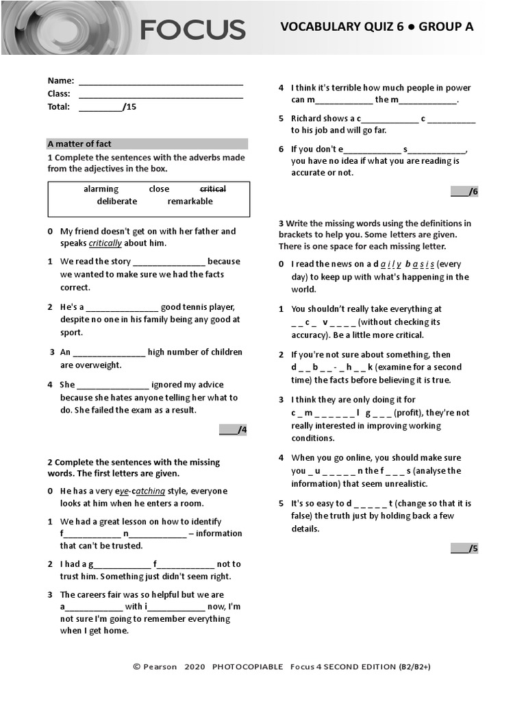 Focus4 2E Vocabulary Quiz Unit6 GroupA | PDF