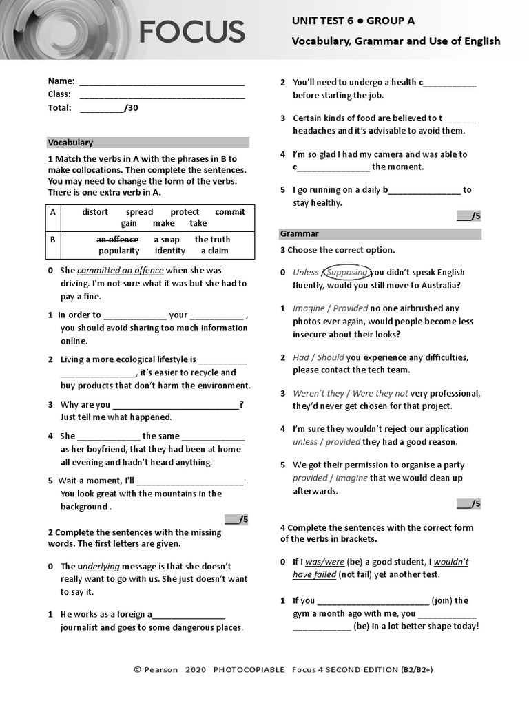Focus4 2E Unit Test Vocabulary Grammar UoE Unit6 GroupA | PDF | English ...