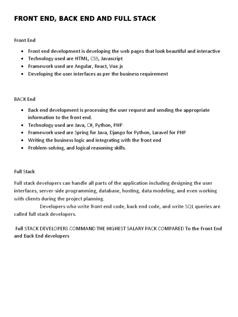 Front End Back ENd and Full Stack | PDF