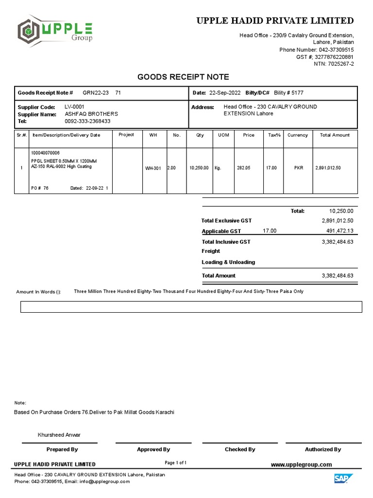 Goods Receipt Note for the Delivery of PPGL Sheets from Ashfaq Brothers ...