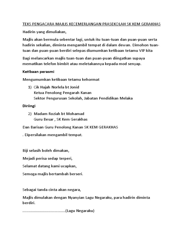 TEKS - PENGACARA - MAJLIS - Kemerlangan Prasekolah SKKGK | PDF