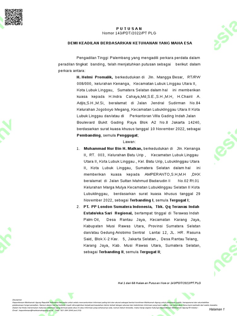 Putusan 143 PDT 2022 PT PLG 20230205210155 | PDF