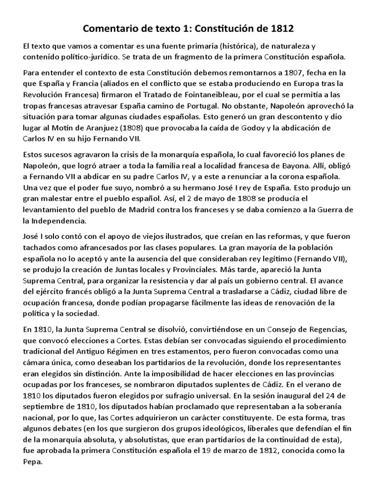 Comentario de Texto 1. Constitución de 1812 | PDF | Gobierno | España