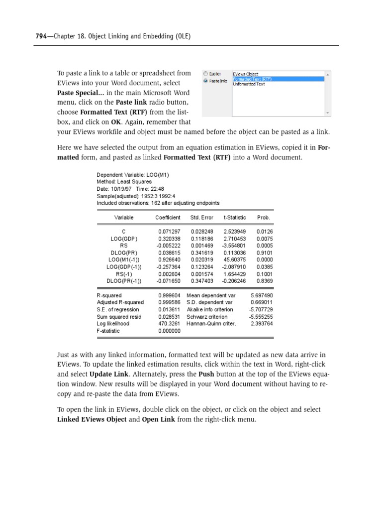 EViews to Word/Excel OLE Linking Guide | PDF | Microsoft Excel ...