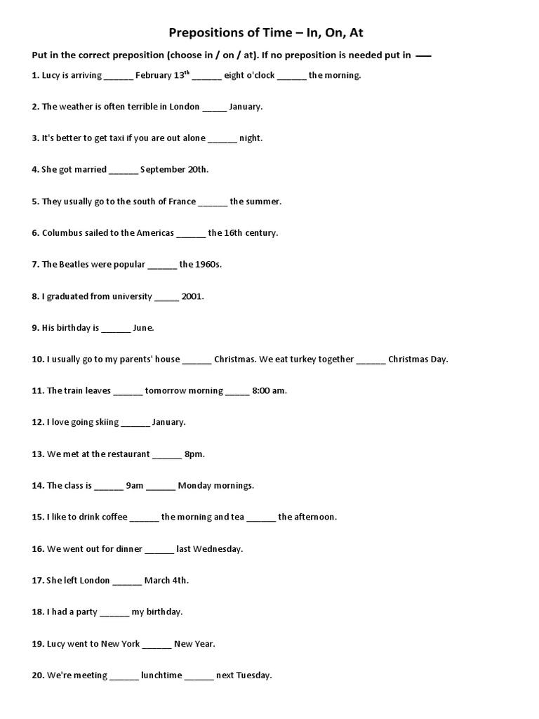 Prepositions of Time - in - On - at - Additional Exercises | PDF