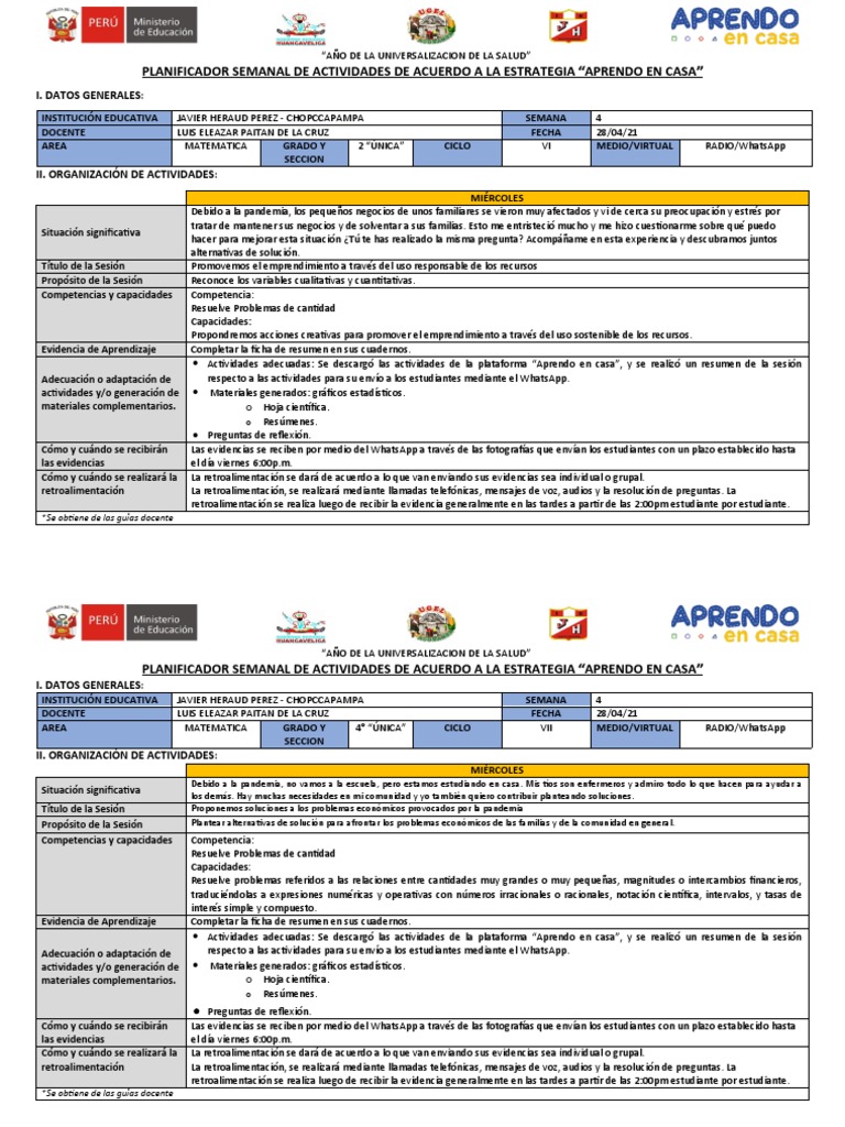 Planificador Semanal 4 de Actividades Aprendo en Casa Luis Eleazar | PDF | Aprendizaje | Toma de ...
