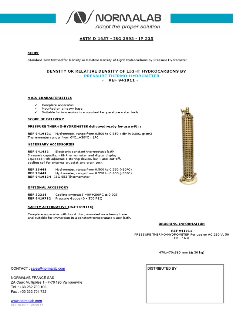 ASTM D 1657 - ISO 3993 - IP 235: Pressure Thermo-Hydrometer | PDF | Thermometer | Density