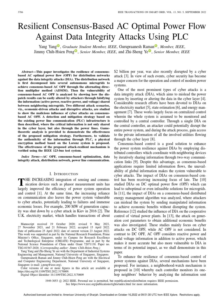 Resilient Consensus-Based AC Optimal Power Flow Against Data Integrity Attacks Using PLC | PDF ...