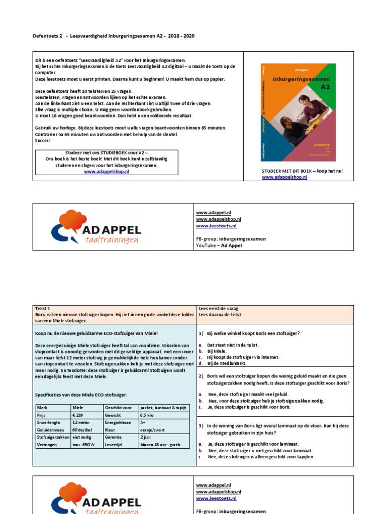 Oefentoets 2 - Leesvaardigheid A2 - 2018-2020 | PDF