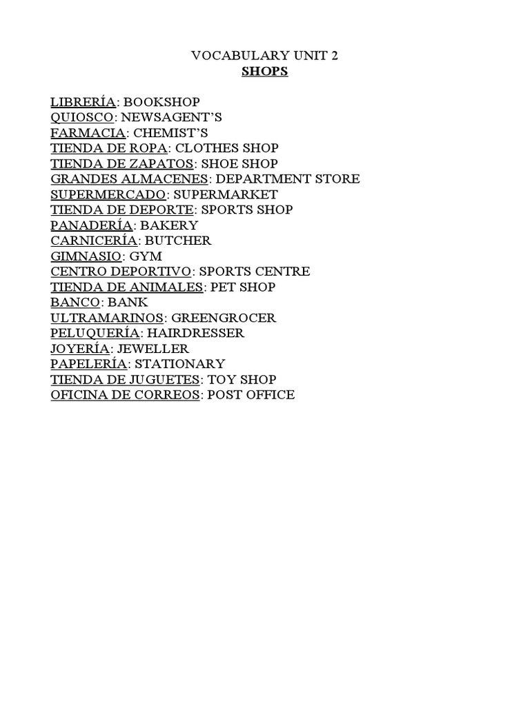 Vocabulario de Tiendas en Inglés | PDF | Negocios | Cocina, comidas y vino