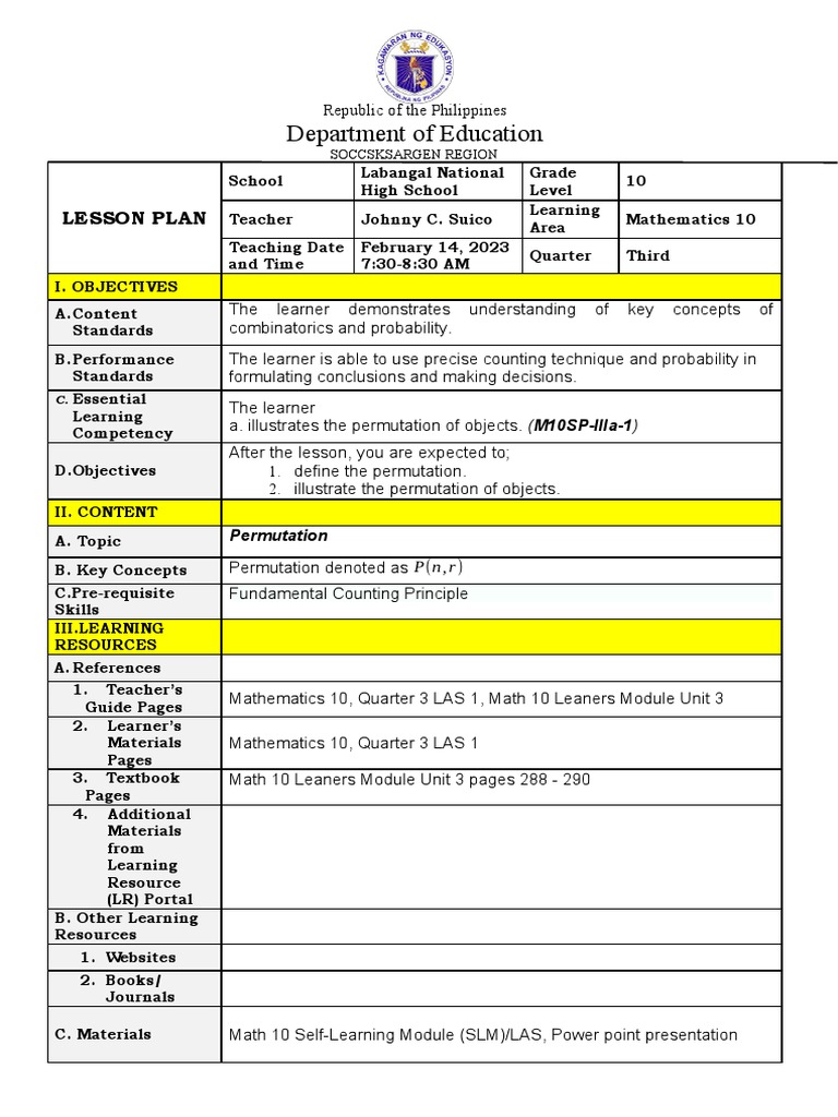Permutation Lesson Plan Johnny Suico | PDF | Permutation | Mathematics Permutation Lesson Plan Johnny Suico | PDF | Permutation | Mathematics