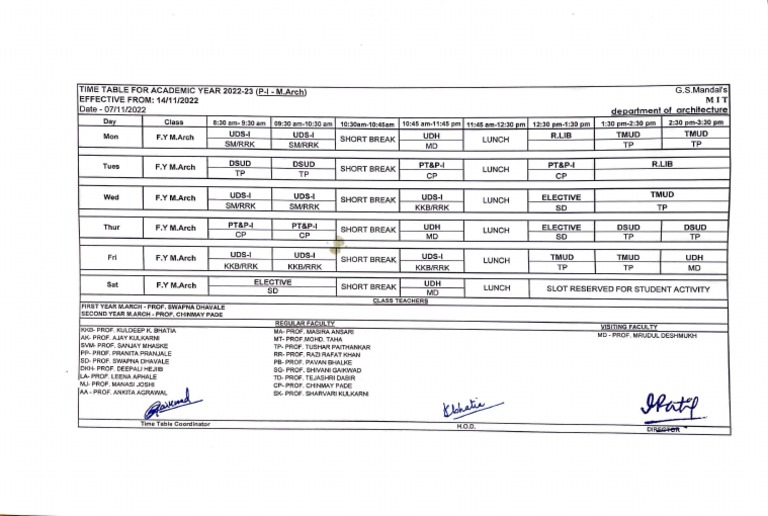M.Arch Academic Year 2022-23 Timetable | PDF
