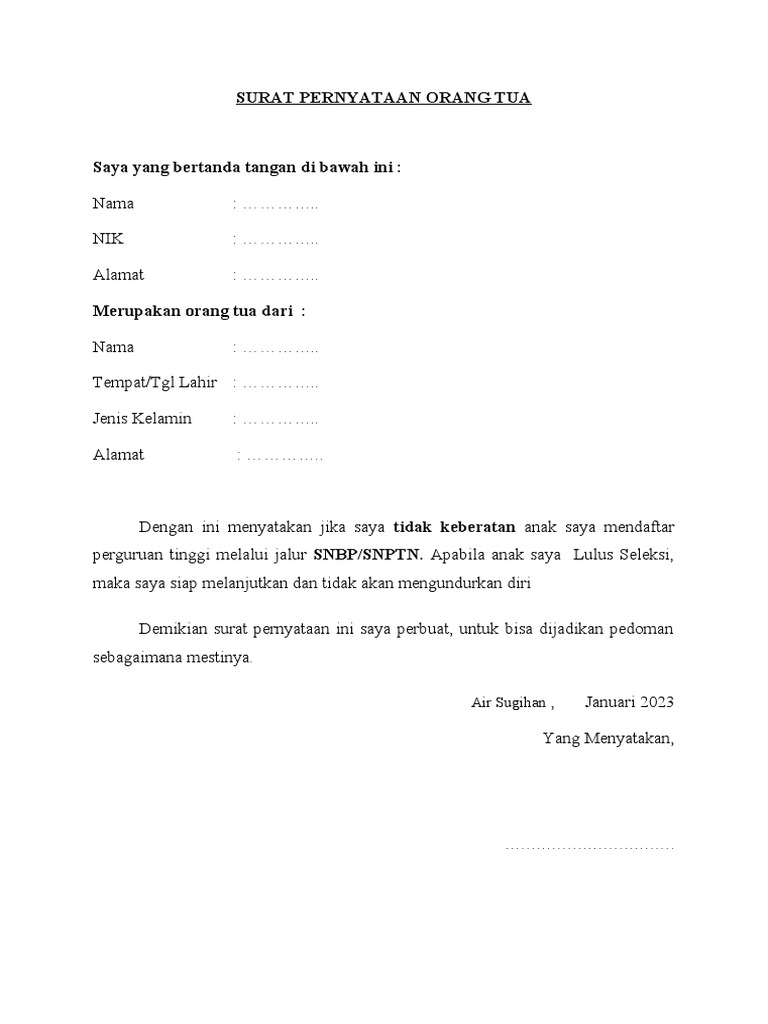 Surat Pernyataan Orang Tua | PDF
