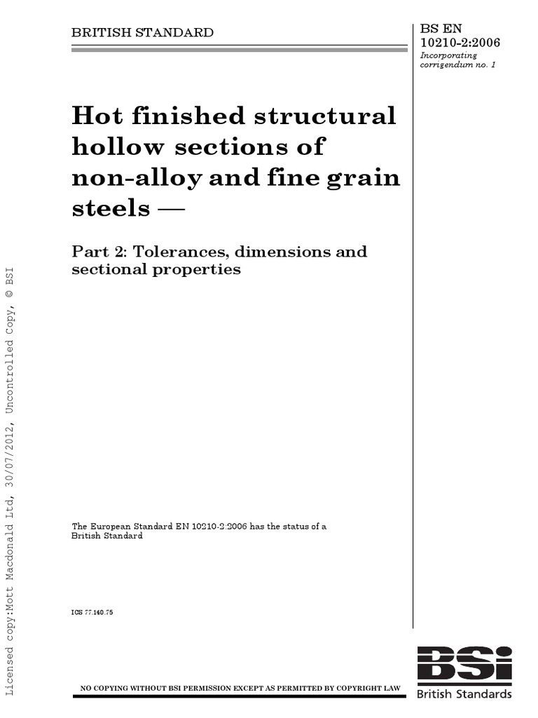 BS EN 10210-2 (2006) Hot Finished Hollow Sections | PDF | Engineering ...