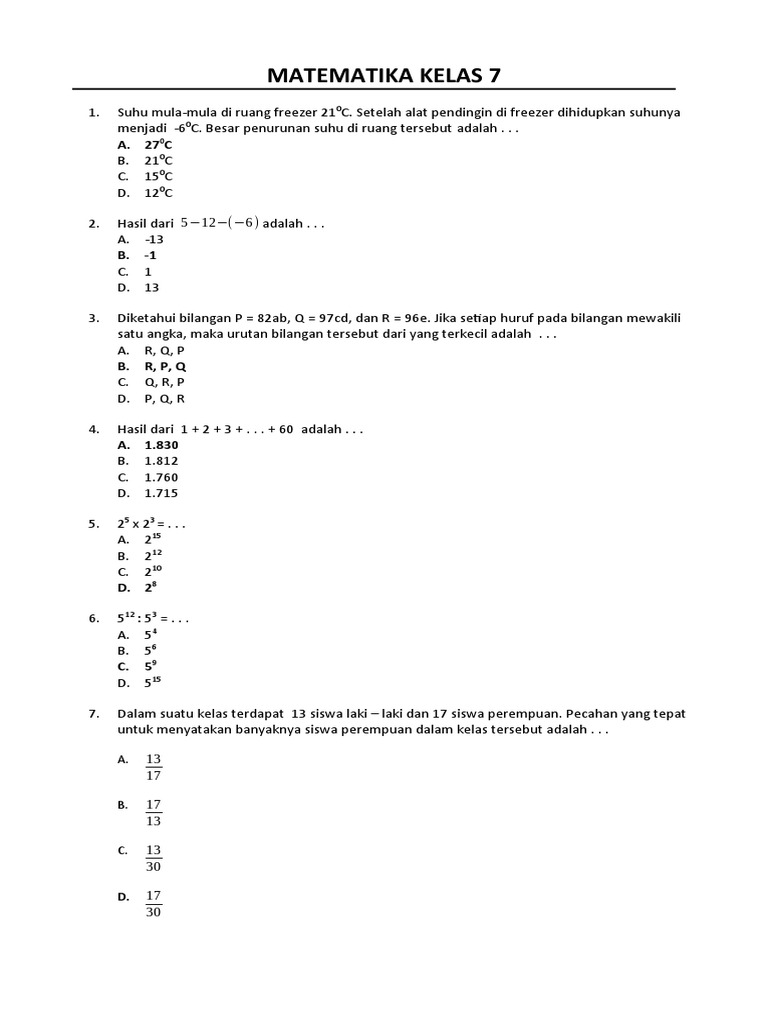 Soal Remedial Matematika Kelas 7 | PDF