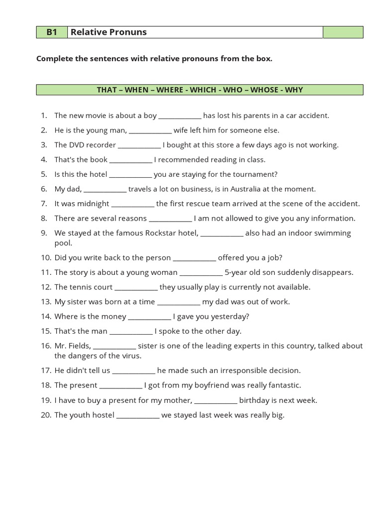 Relative Pronouns - PDF Grammar Worksheet - RC004 (WA) | PDF