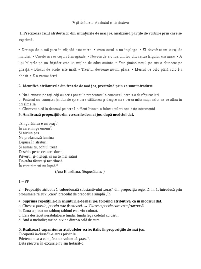 Fisa de Lucru Atributul Si Atributiva | PDF