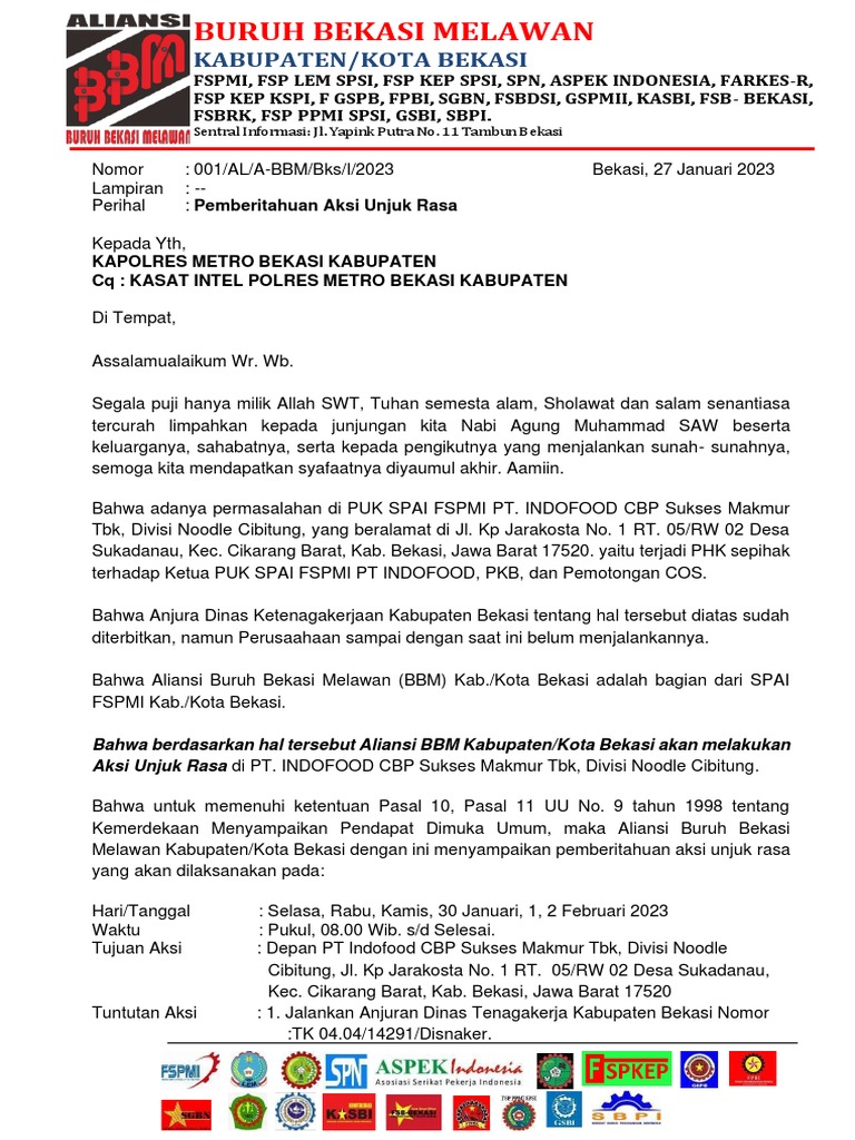 Pemberitahuan Aksi Unjuk Rasa Di Pt. Indofood | PDF