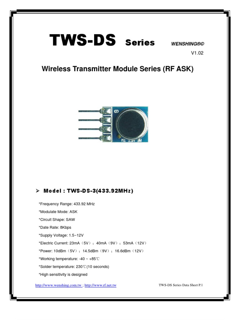 TWS-DS Wireless Transmitter Module Data Sheet | PDF