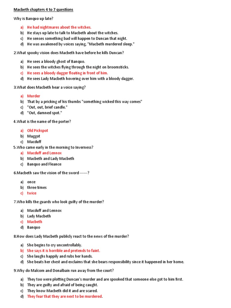 Macbeth Chapters 4-7 Study Questions | PDF | Macbeth | Shakespearean ...