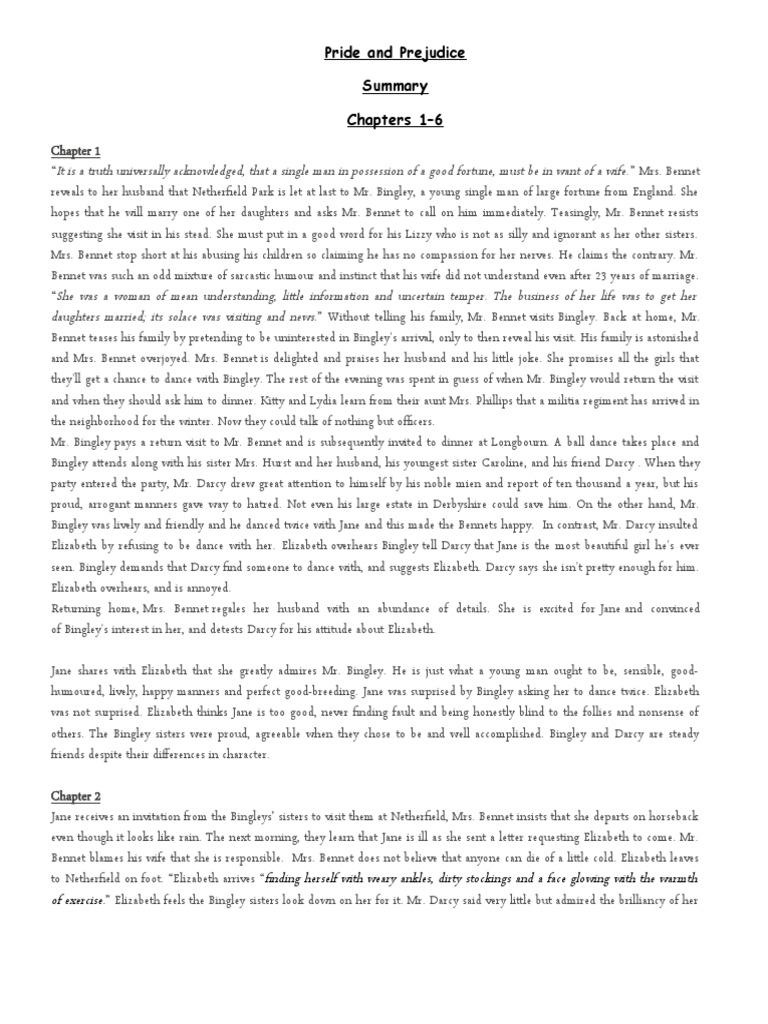 Pride and Prejudic - Chapters 1-6 Summarydocx | Download Free PDF | Mr ...
