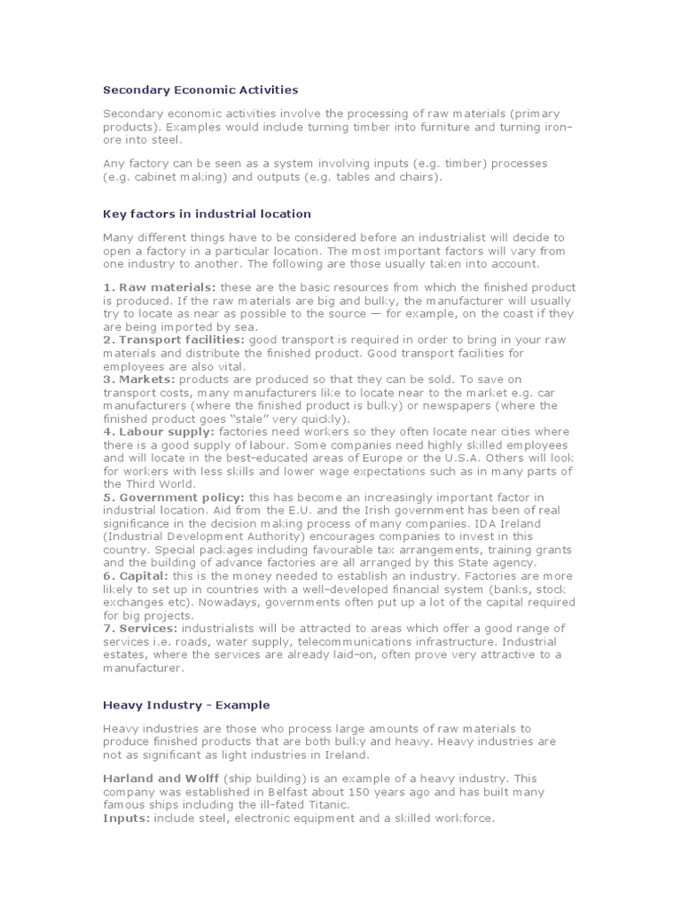 Secondary Economic Activities Handout | PDF | Human Migration | Economics