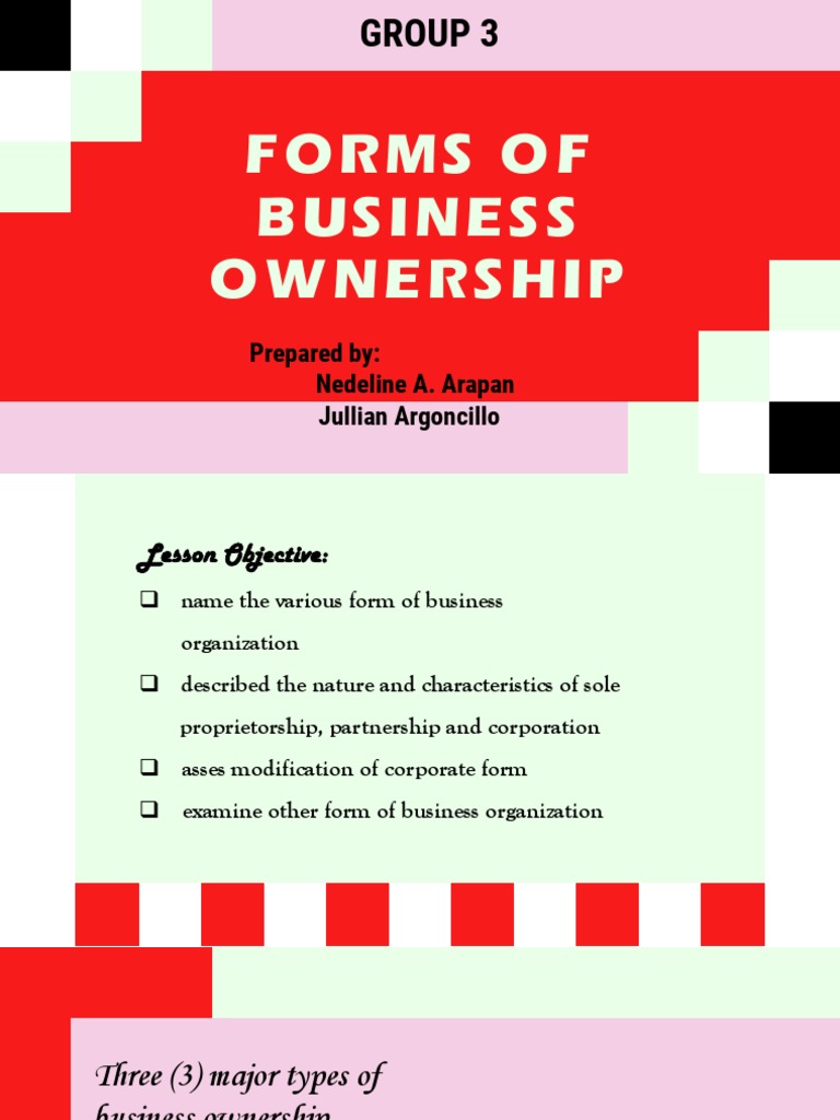 Forms of Business Ownership: Group 3 | PDF | Partnership | Sole ...