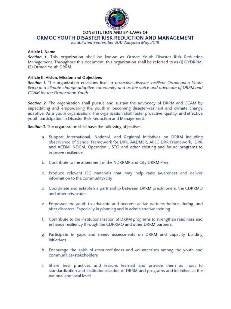 Ormoc Youth DRRM Constitution and by Laws | PDF | Disaster Risk Reduction | Government