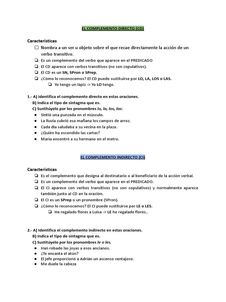 Teoría y Ejercicios de Los Complementos Verbales | PDF | Verbo | Predicado (Gramática)