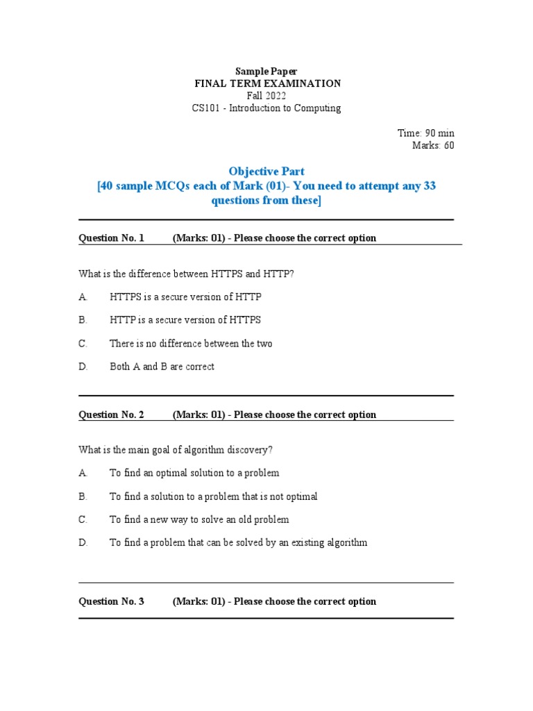 CS101 Sample Paper (Final) | PDF