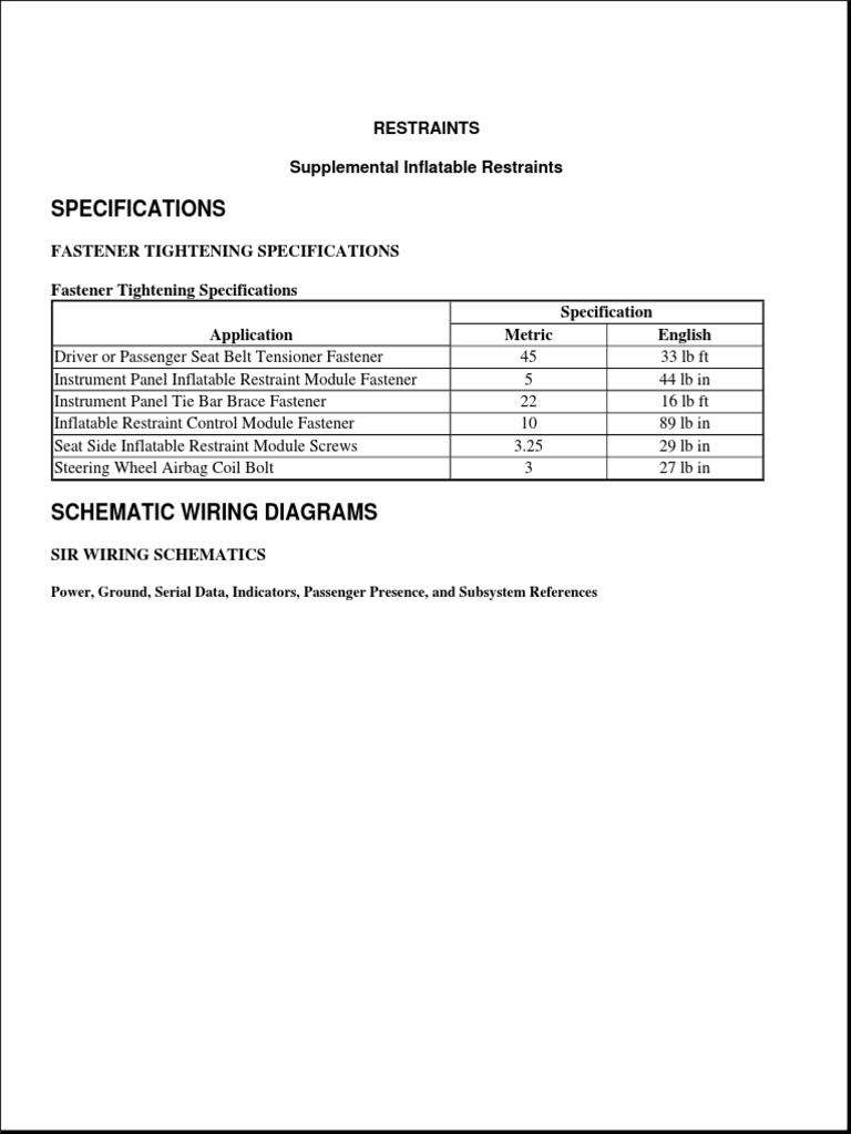 Supplemental Restraint System Component Locations, Specifications, and ...