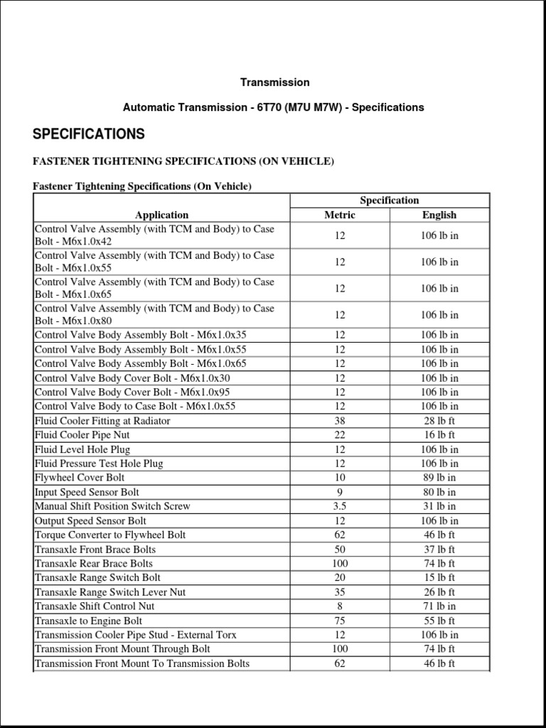 020 - Automatic Transmission - 6T70 (M7U M7W) - Specifications | PDF ...
