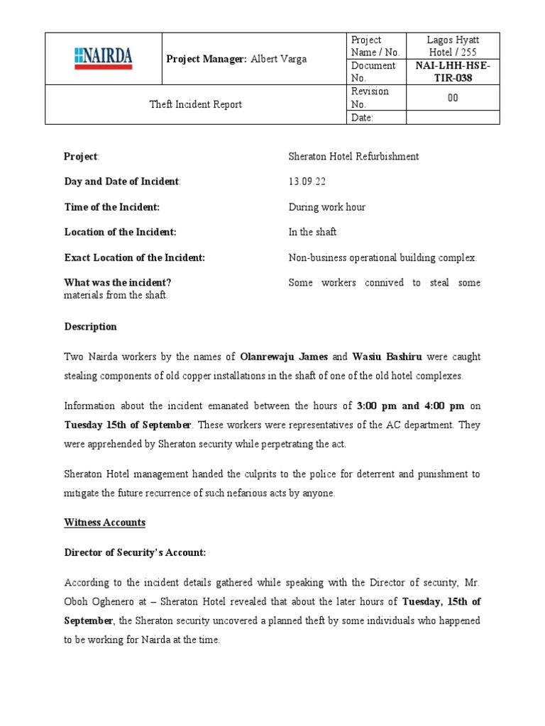 (NAI-LHH-HSE-TIR-038) Theft Incident Report | PDF | Crimes | Crime ...