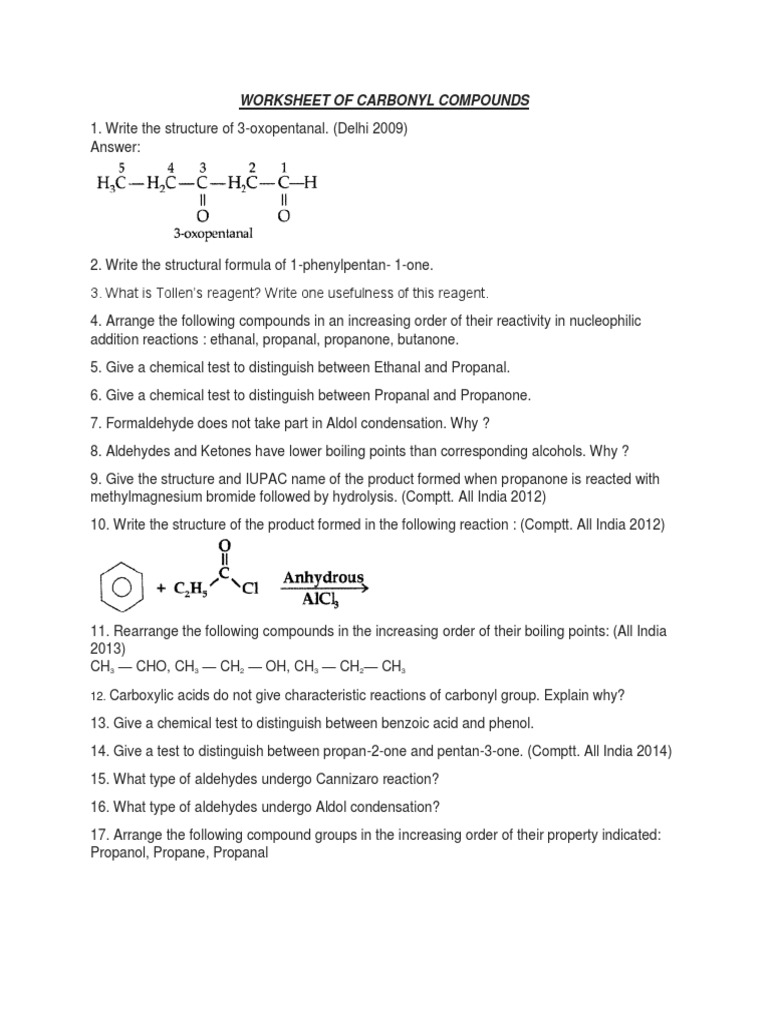 Carbonyl Compounds Worksheet | PDF | Aldehyde | Chemical Reactions
