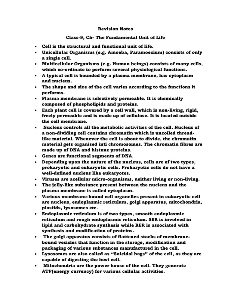 Class 9 Revision Notes Cell PDF Cell Biology Endoplasmic