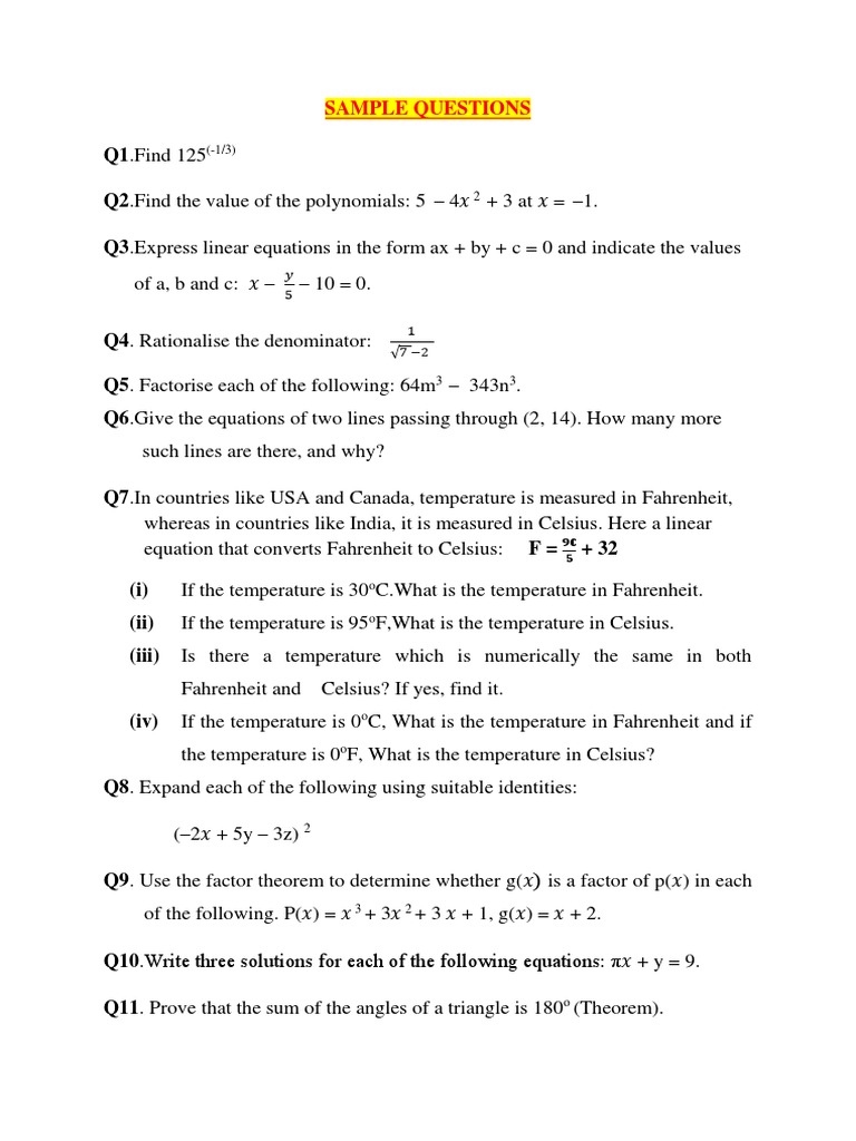 Class 9 Sample Questions | PDF