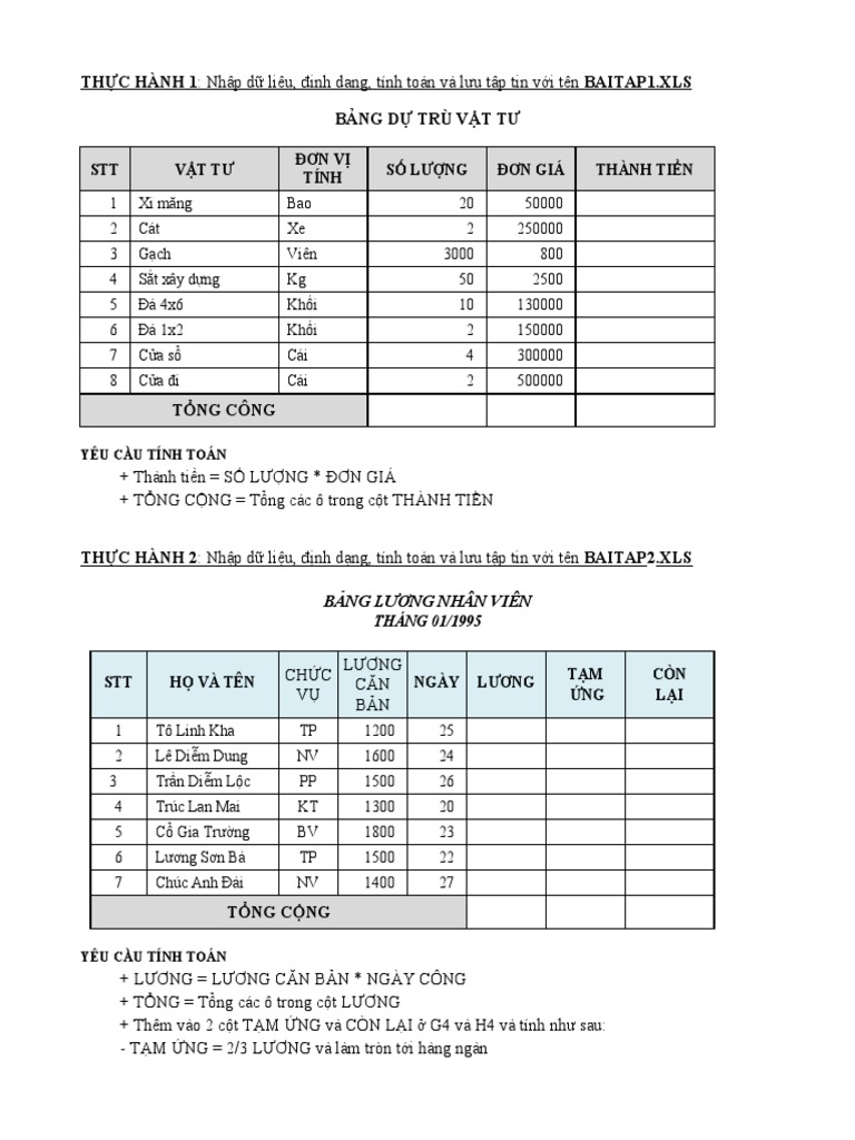 EXCEL. Bai Tap Trinh Do A | PDF